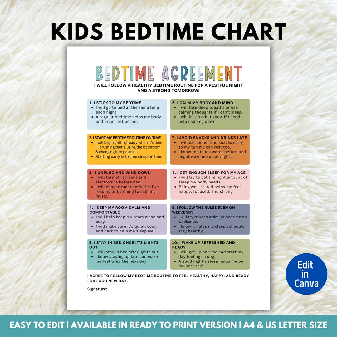 Bedtime Routine Checklist for Kids, Bedtime Rules, Bedtime Schedule ...