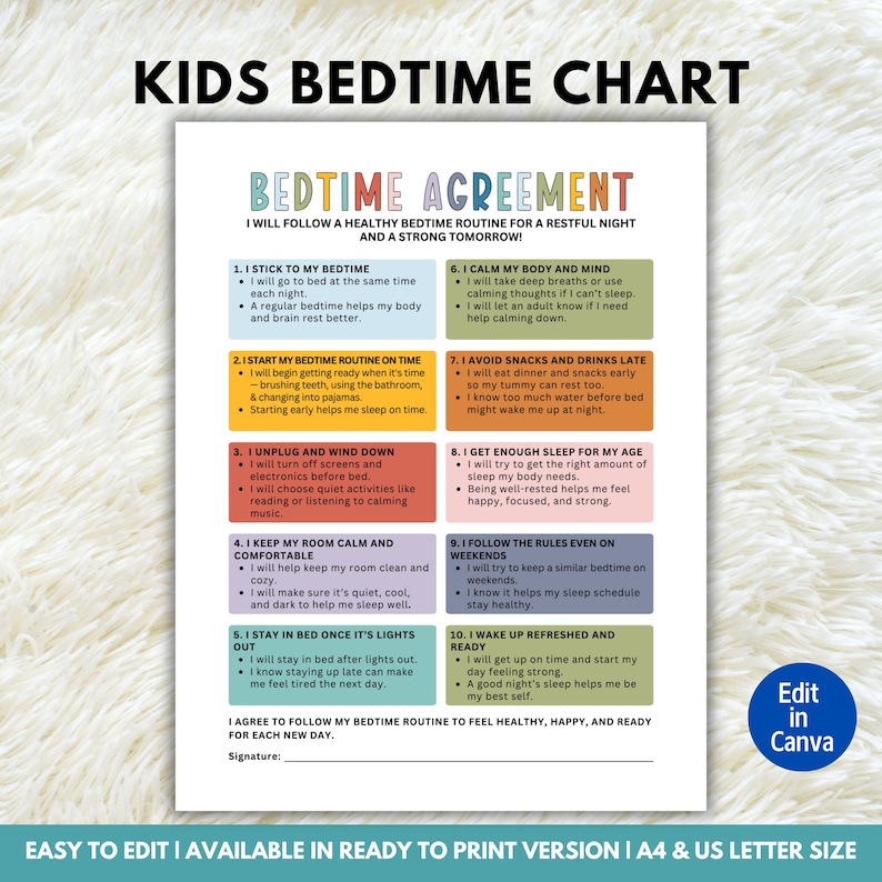 Bedtime Routine Checklist for Kids, Bedtime Rules, Bedtime Schedule ...