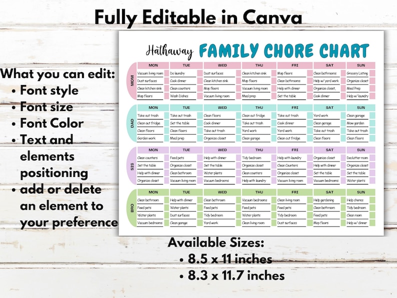 Editable Family Chore Chart, Canva Template (digital Download) - Etsy