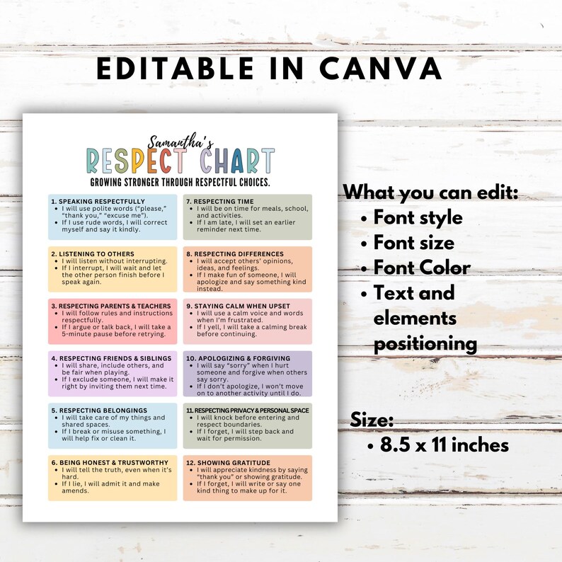 Editable Respect Chart for Kids, Positive Behavior Consequence Chart ...