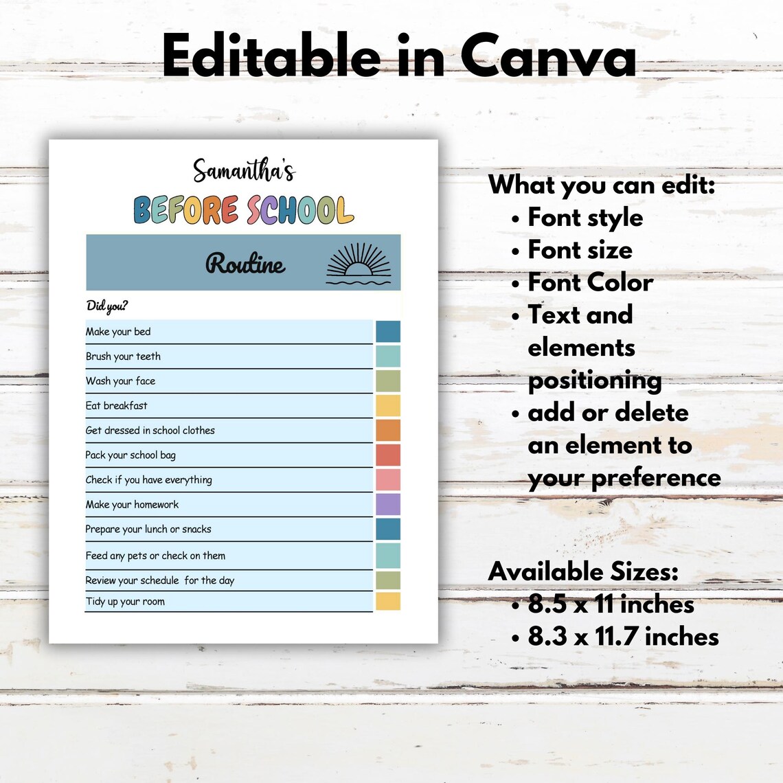 Editable Kids School Routine Chart, Daily Checklist (digital Download ...