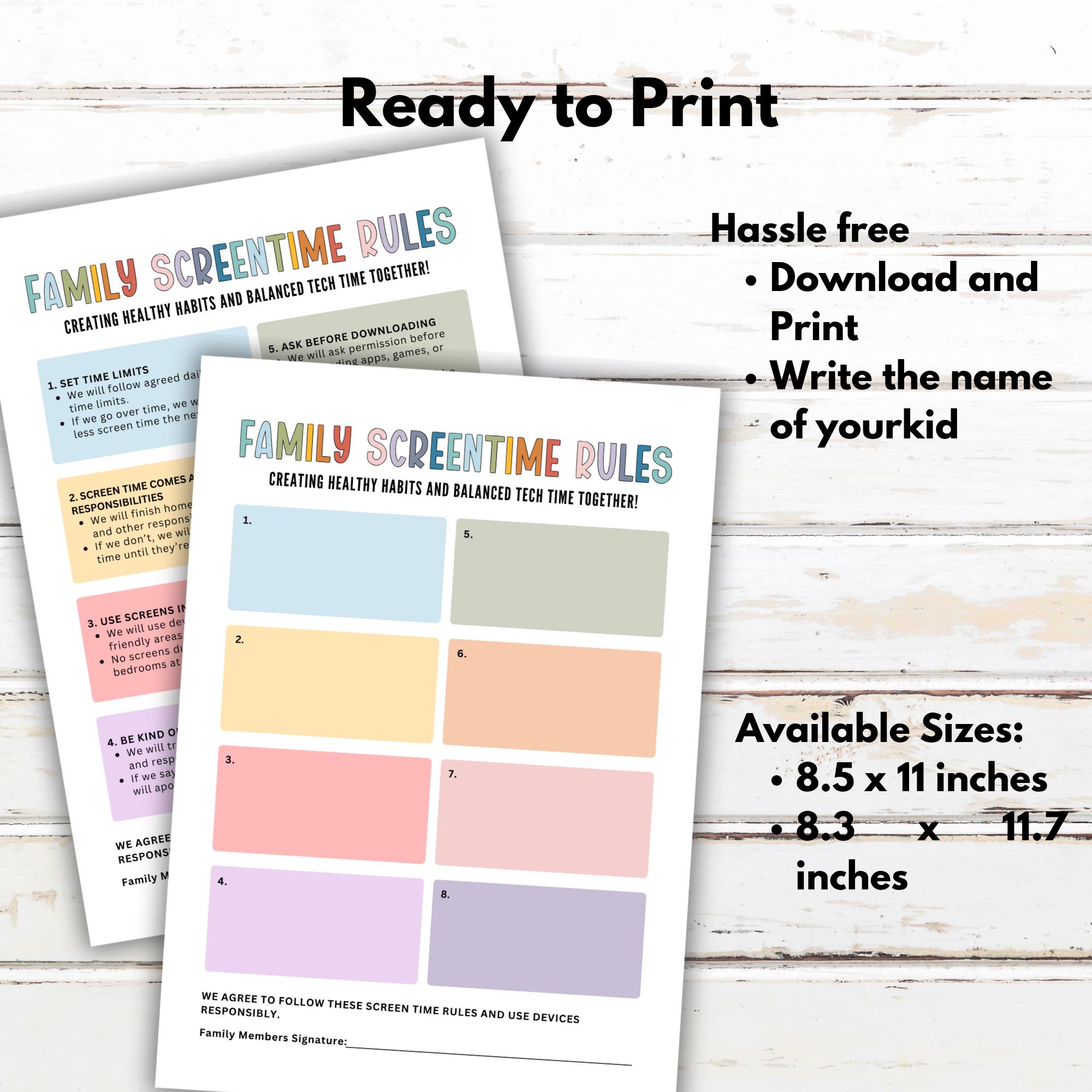 Editable Family Screen Time Rules, Tech and Device Rules for Kids ...