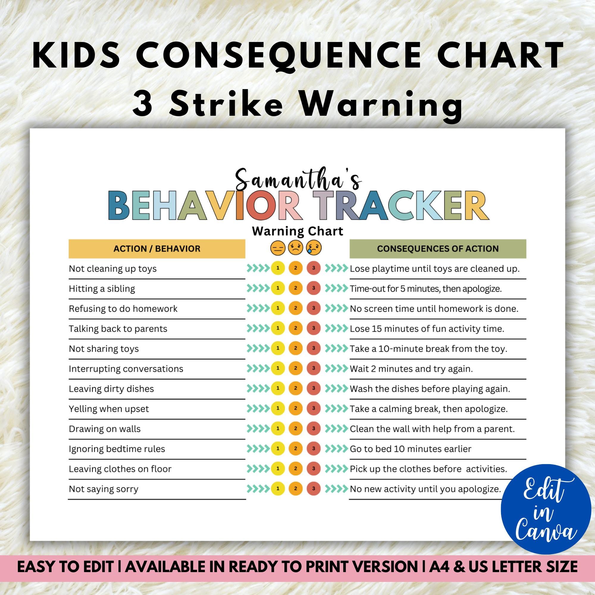 Editable Kids 3 Strike Warning Chart, Behavior Consequence Chart ...