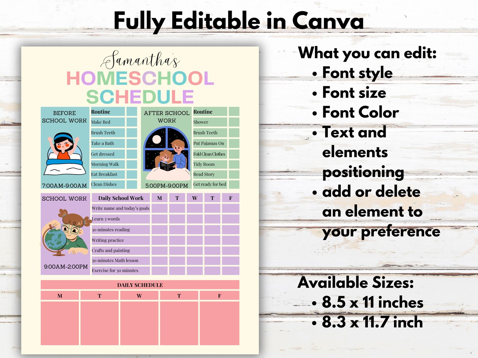 Kids Homeschool Schedule Checklist Editable Template, Kids Daily Weekly ...