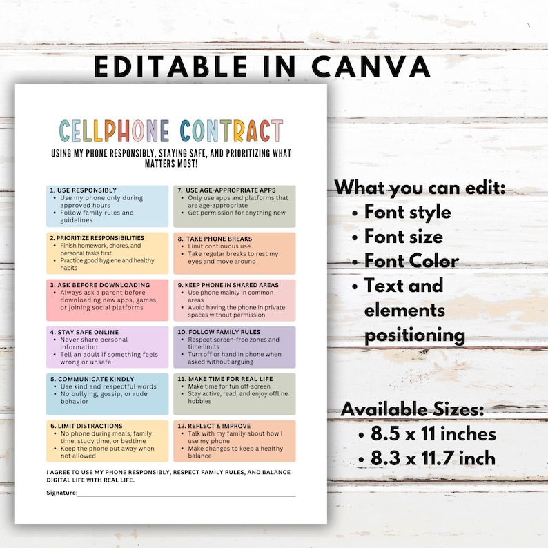 Editable Cellphone Contract for Kids, Kids Phone Agreement, Printable ...