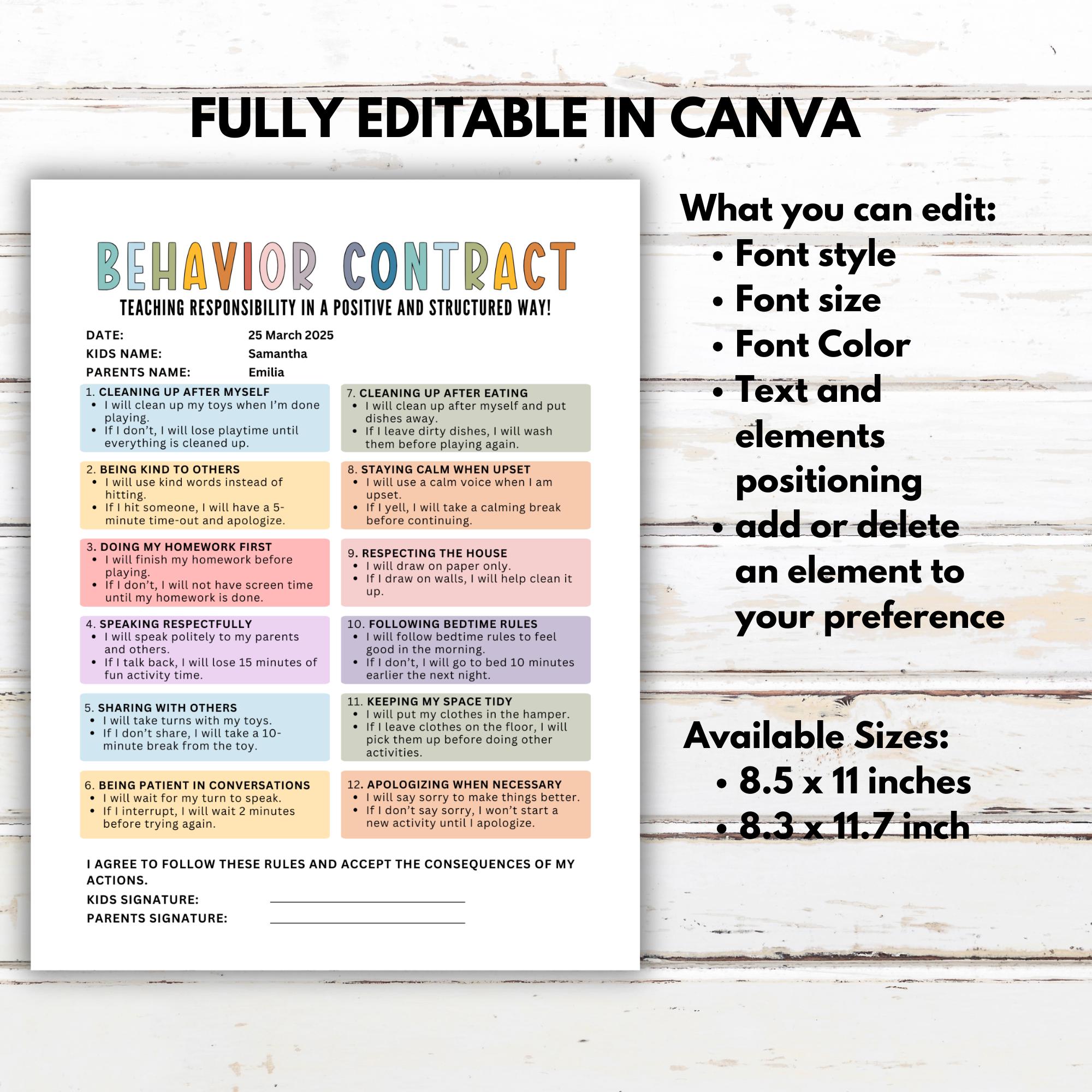 Behavior Contract for Kids, Kids Behavior Agreement, Kids Consequence ...