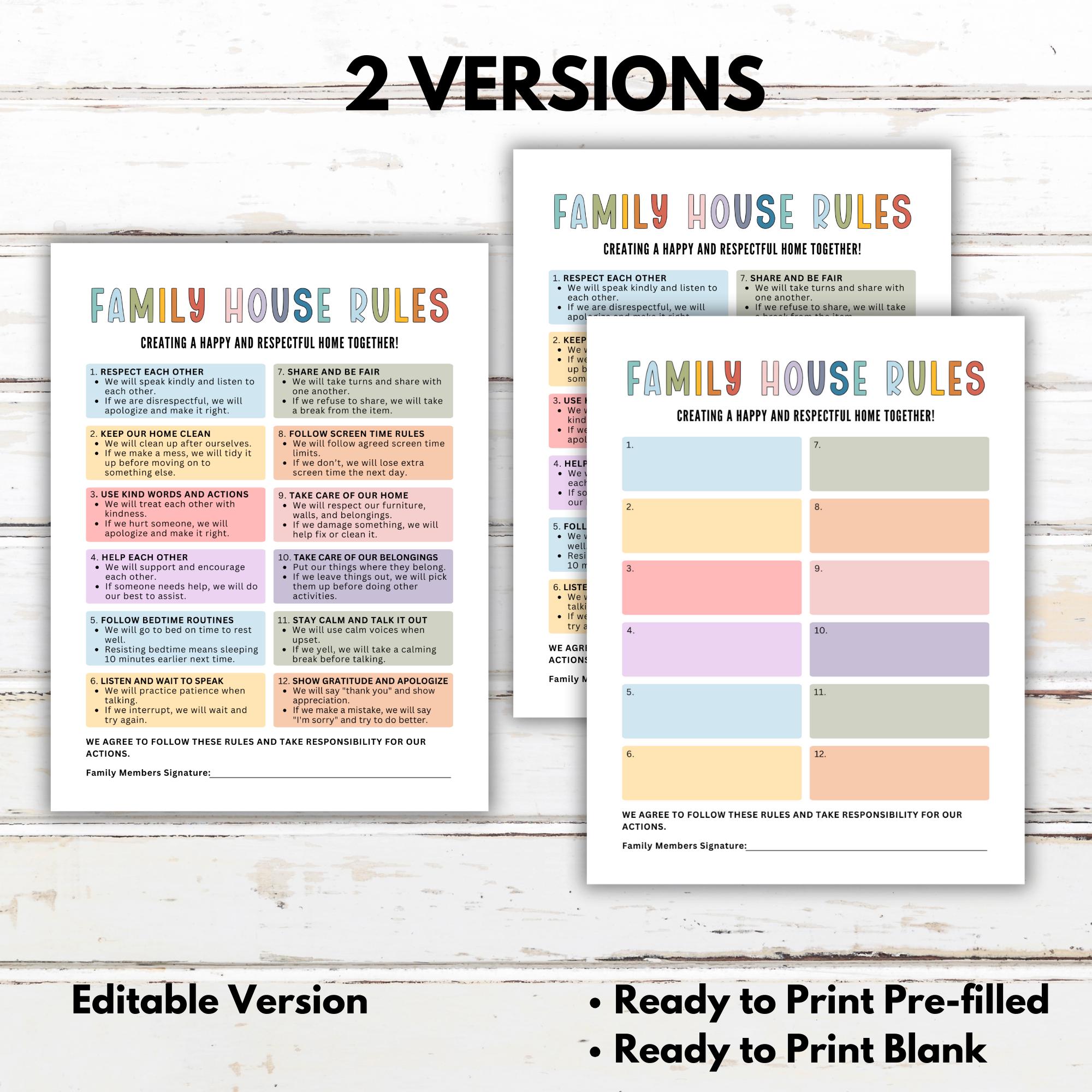 Editable Family House Rules Chart, Family Household Rules Chart, Family ...