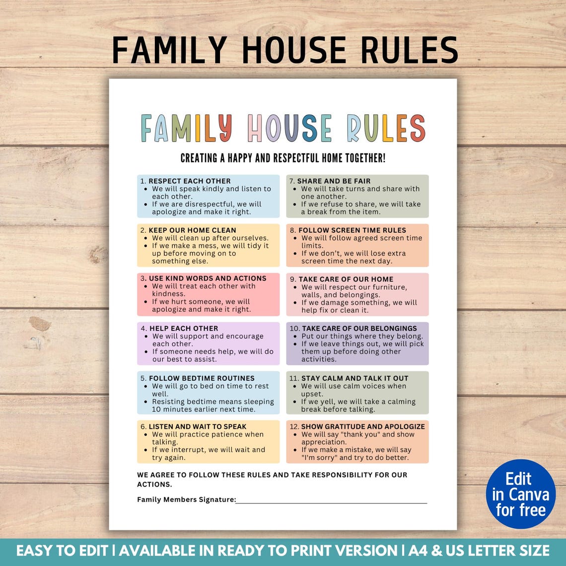 Editable Family House Rules Chart, Family Household Rules Chart, Family ...