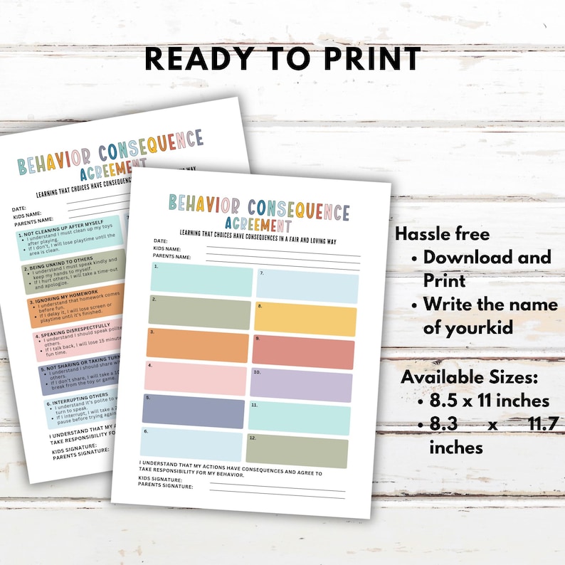 Behavior Consequence Agreement, Kids Behavior Contract, Consequence ...