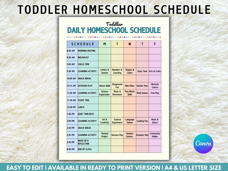 Editable Homeschool Schedule, Homeschool Schedule for Preschool ...