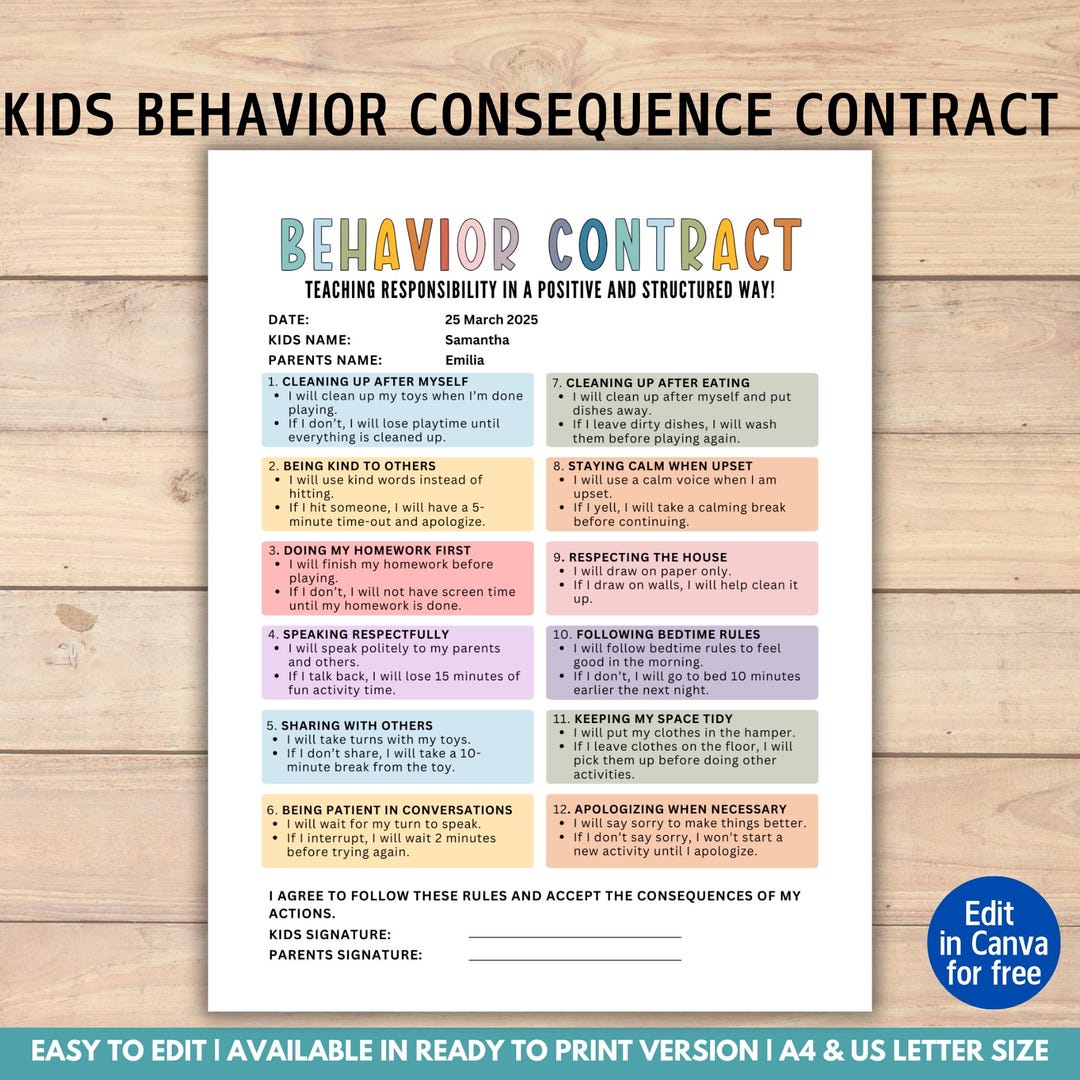 Behavior Contract for Kids, Kids Behavior Agreement, Kids Consequence ...