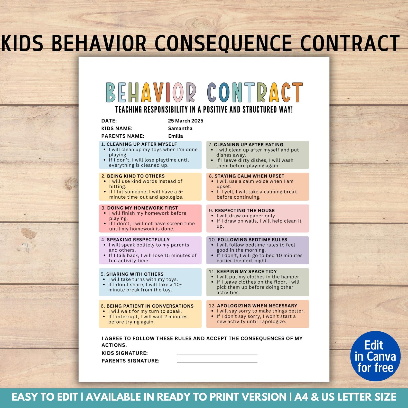 Behavior Contract for Kids, Kids Behavior Agreement, Kids Consequence ...