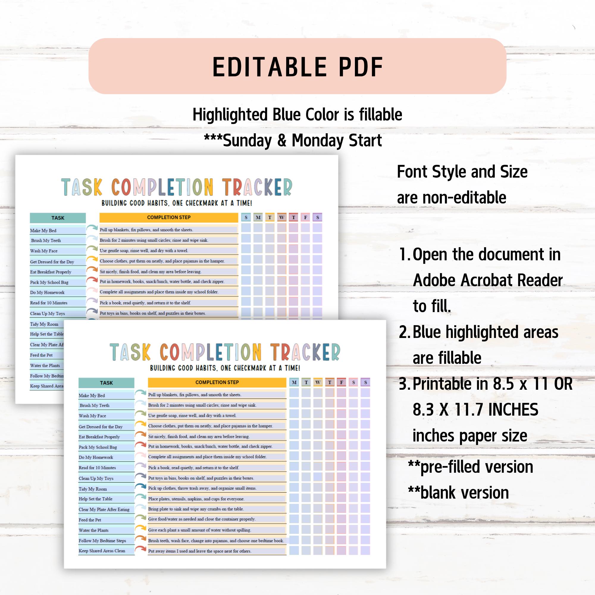 Task Completion Chart for Kids, Task Tracker, Responsibility Chart ...