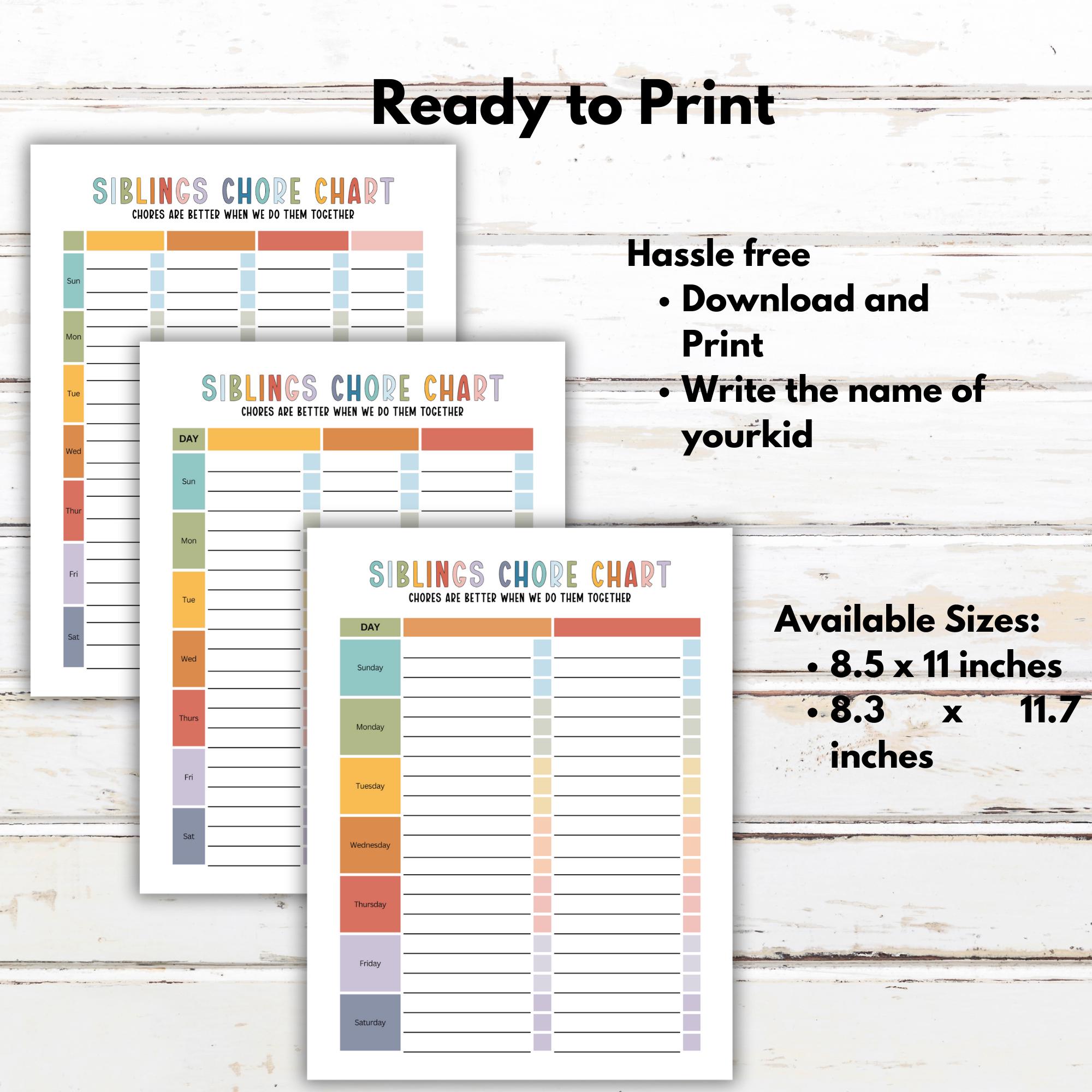 Editable Chore Chart for Multiple Kids, Kids Chore Chart, Siblings ...