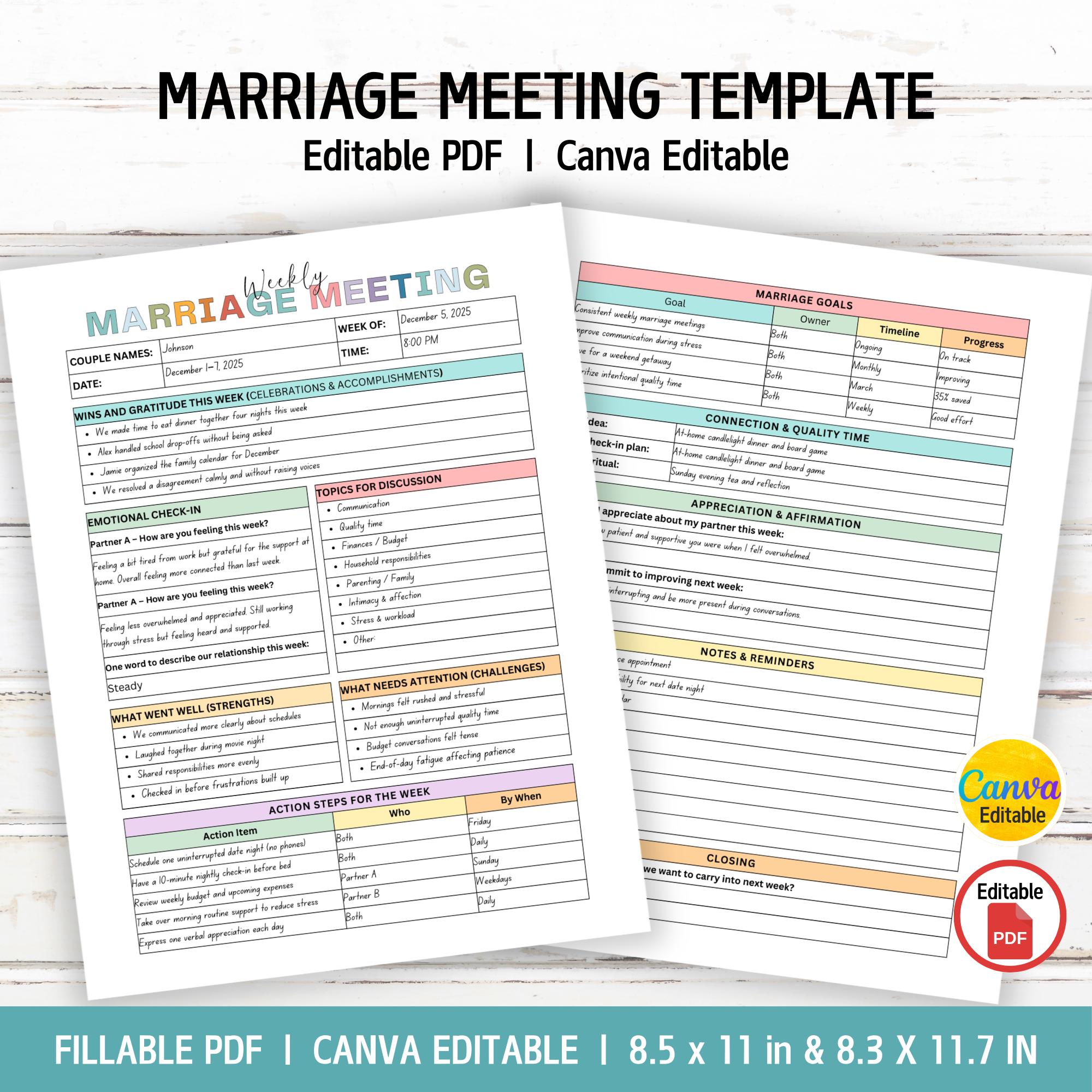 Editable Weekly Marriage Meeting Template, Couple Check-in Meeting ...
