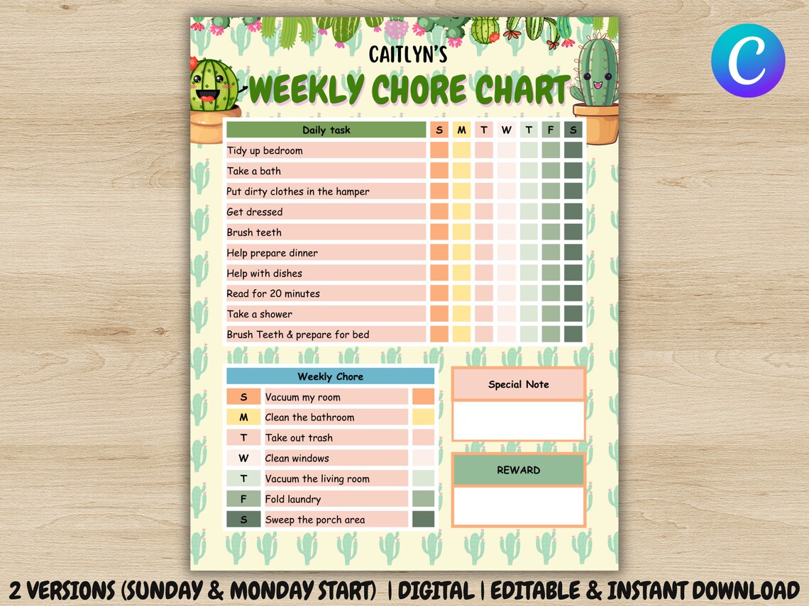 Editable Kids Chore Chart Kids Responsibility Daily Routine Chart, Kids ...