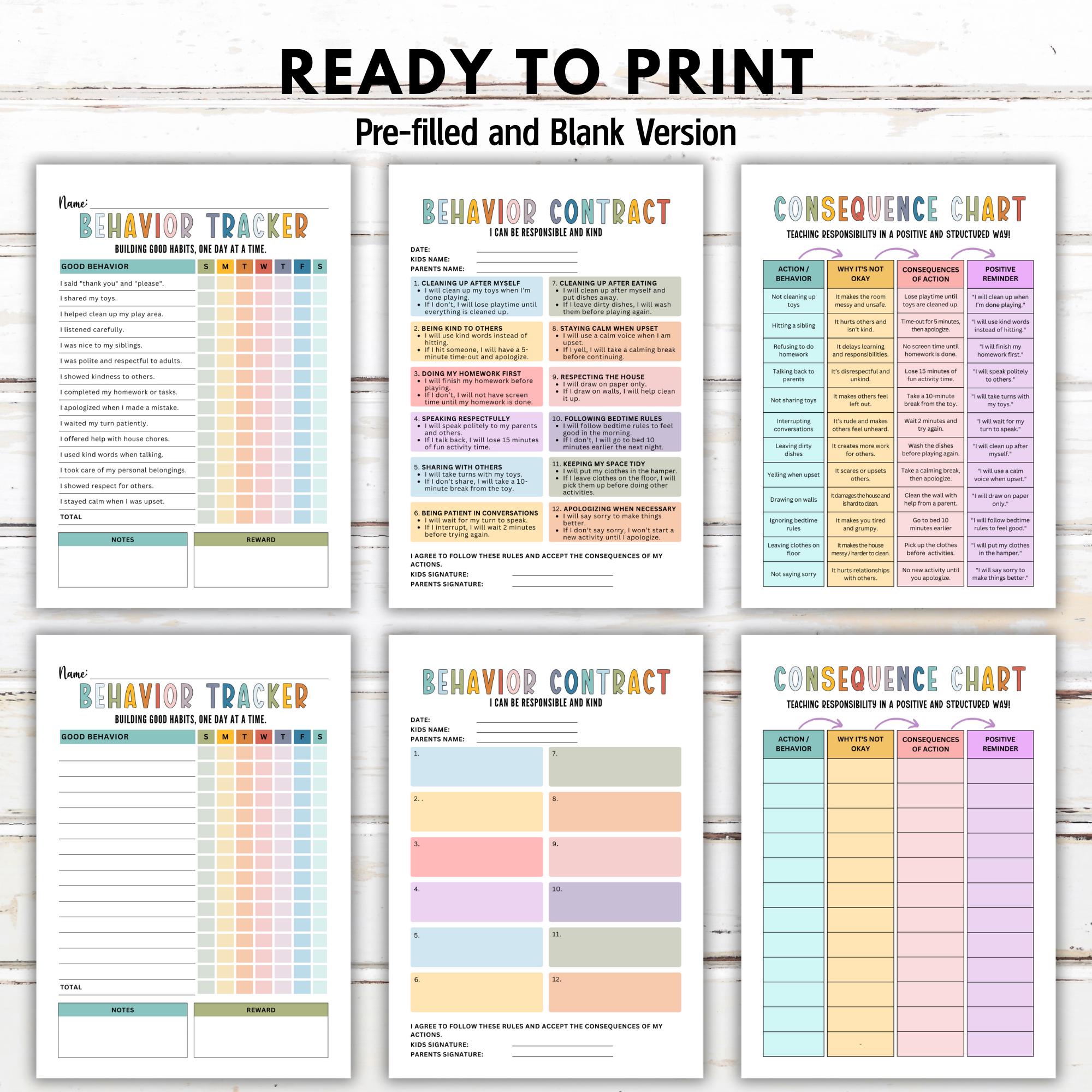 Editable Behavior Consequence Chart for Kids, Good Behavior Tracker ...
