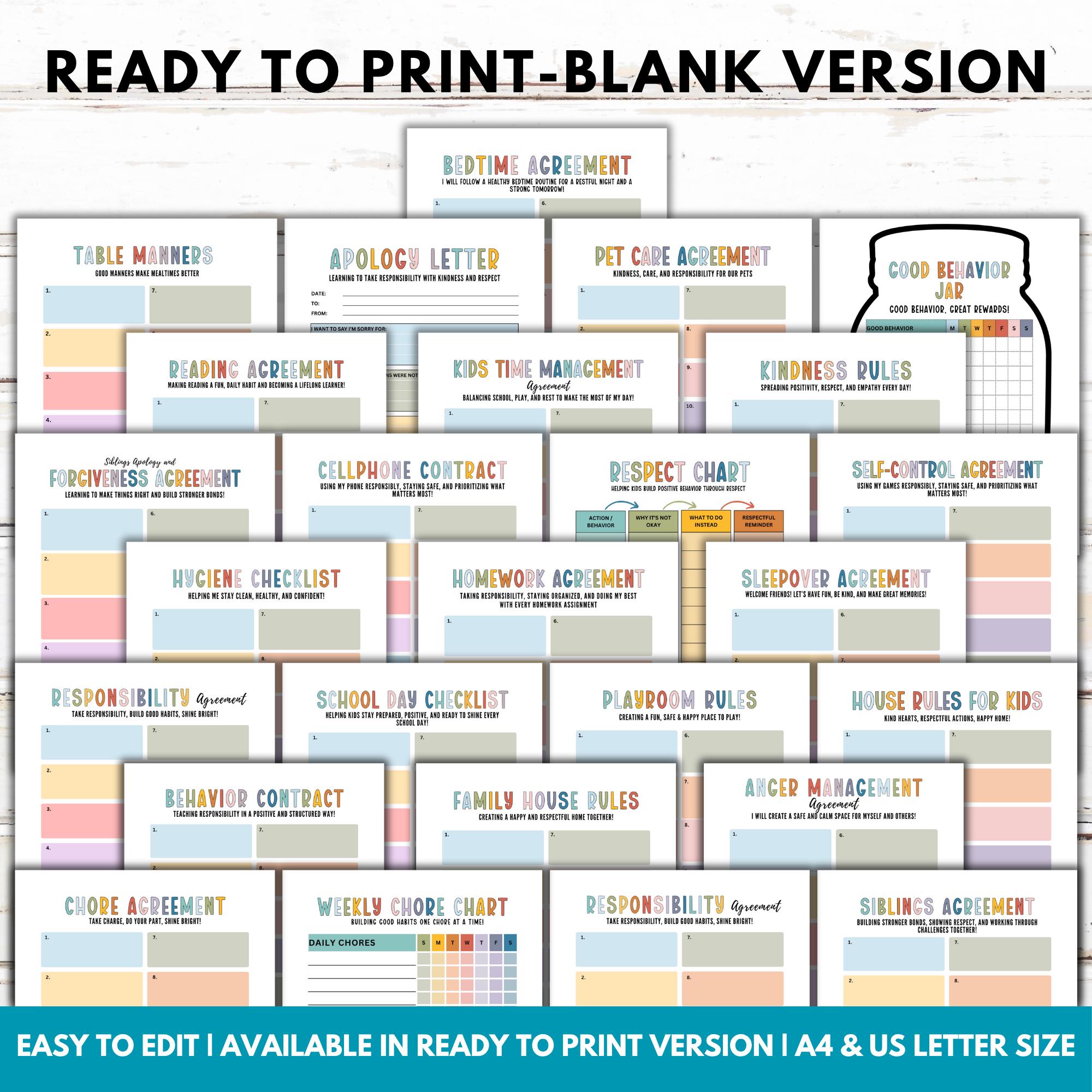 Editable Kids Chart Bundle, Kids Responsibility, Behavior Consequence ...