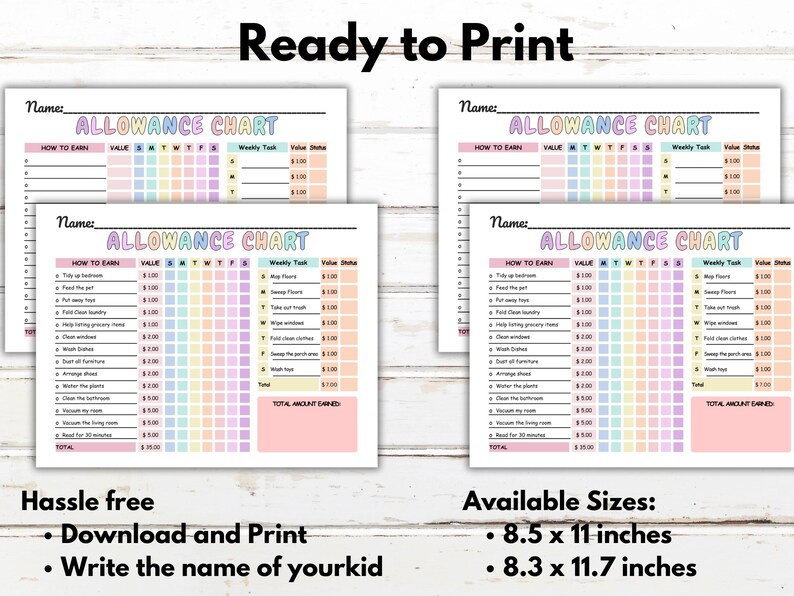 Kids Allowance Chart, How to Earn Money Chart, Kids Reward Chart, Chore ...