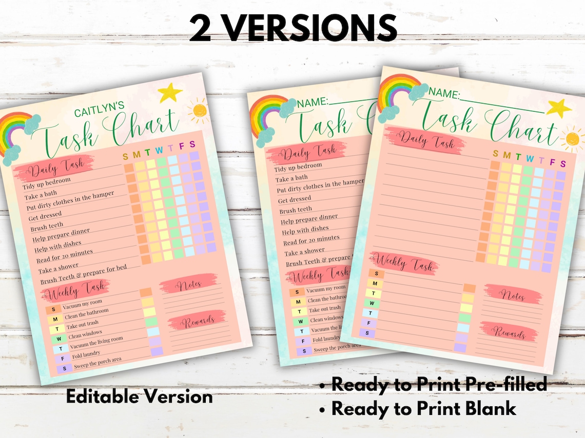 Editable Chore Chart Kids Task Chart, Kids Daily Weekly Routine ...