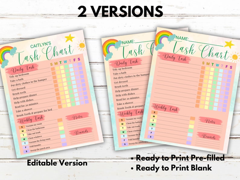 Editable Chore Chart Kids Task Chart, Kids Daily Weekly Routine ...