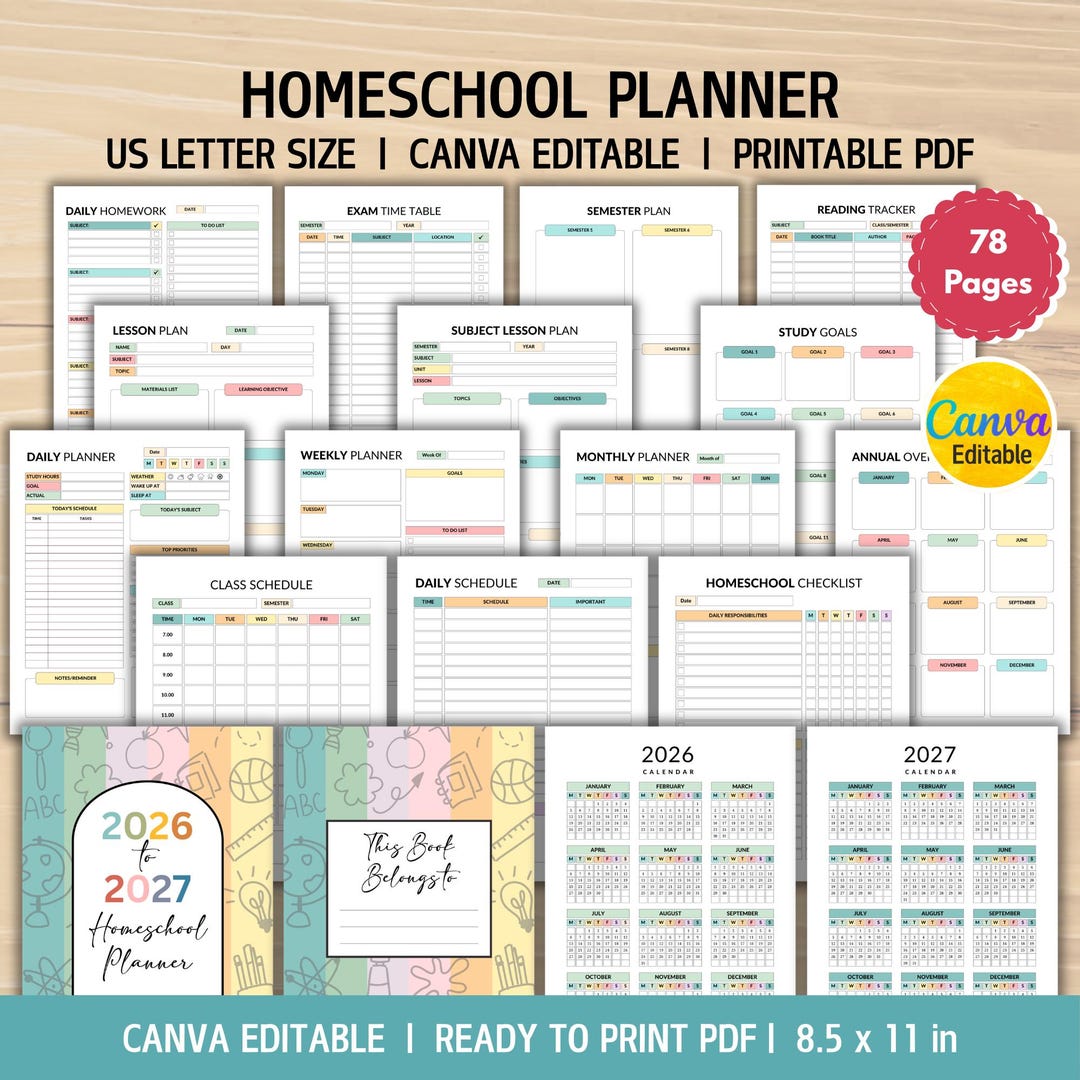 Editable Homeschool Planner 2026-2027, Printable Teacher Homeschool ...