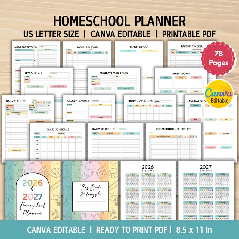 Editable Homeschool Planner 2026-2027, Printable Teacher Homeschool ...