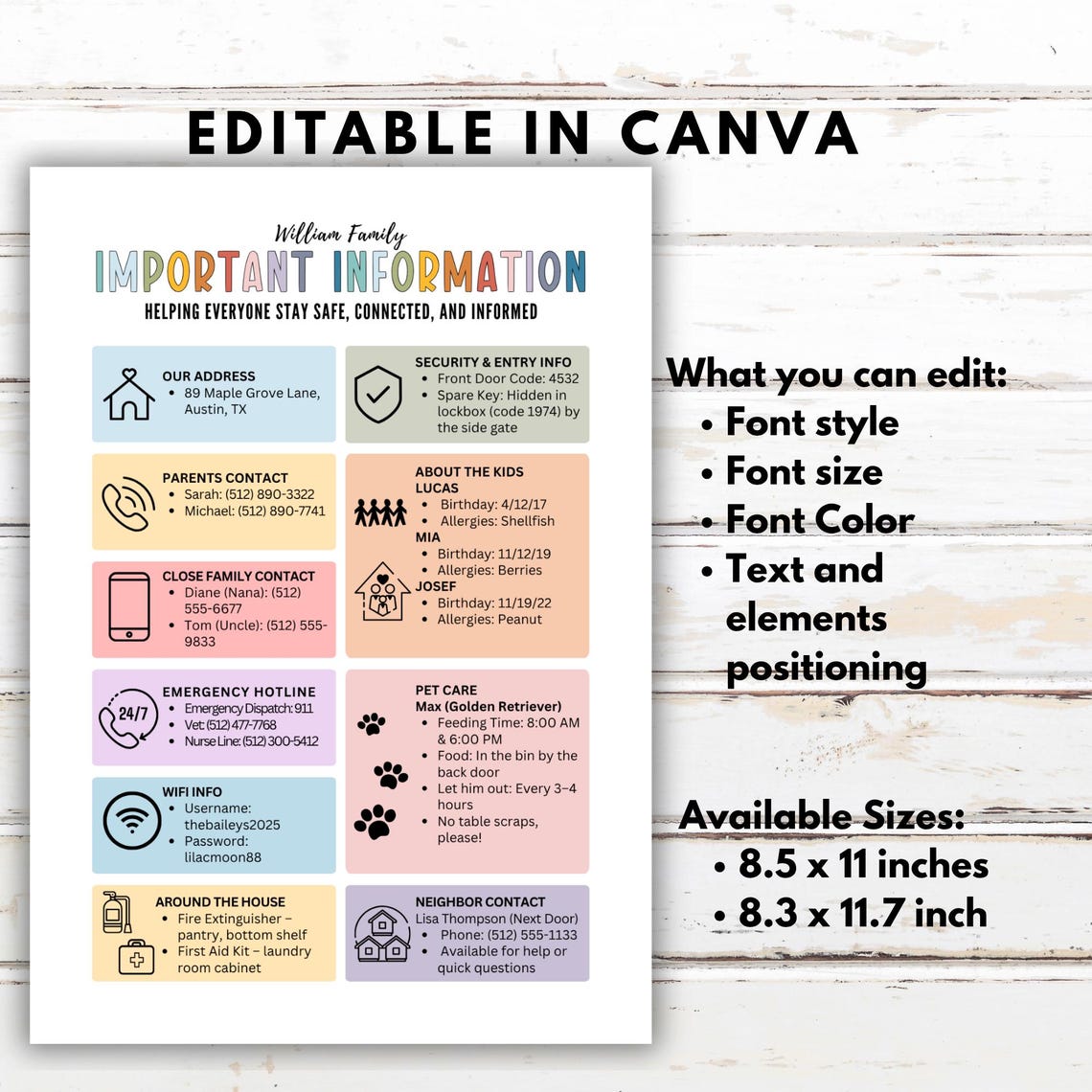 Editable Family Information Sheet, Emergency Contact Template ...