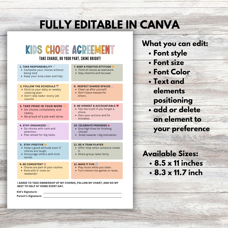 Editable Kids Chore Agreement, Kids Chores Rules, Cleaning Agreement ...