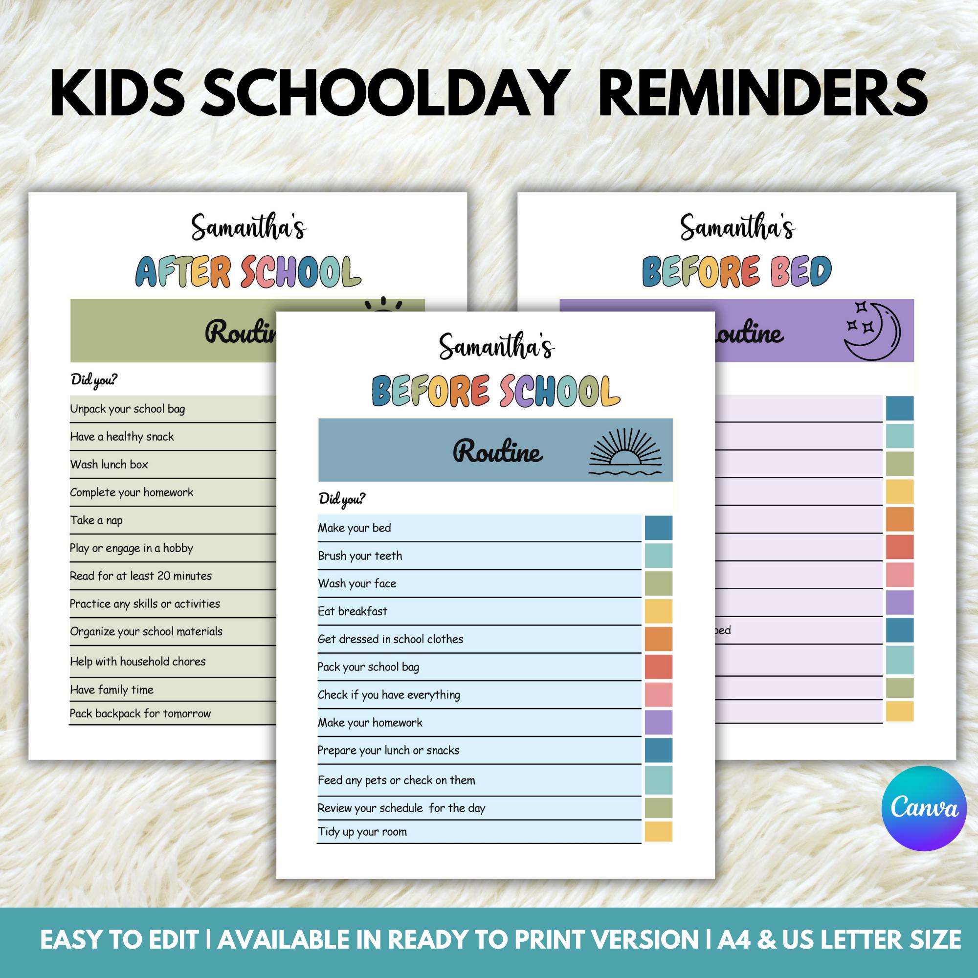 Editable Kids School Routine Chart, Daily Checklist (digital Download ...