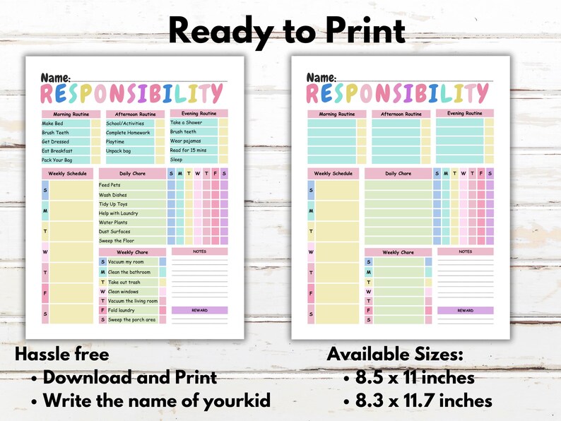 Editable Kids Responsibility Chart Kids Daily Weekly Chore Chart, Kids ...