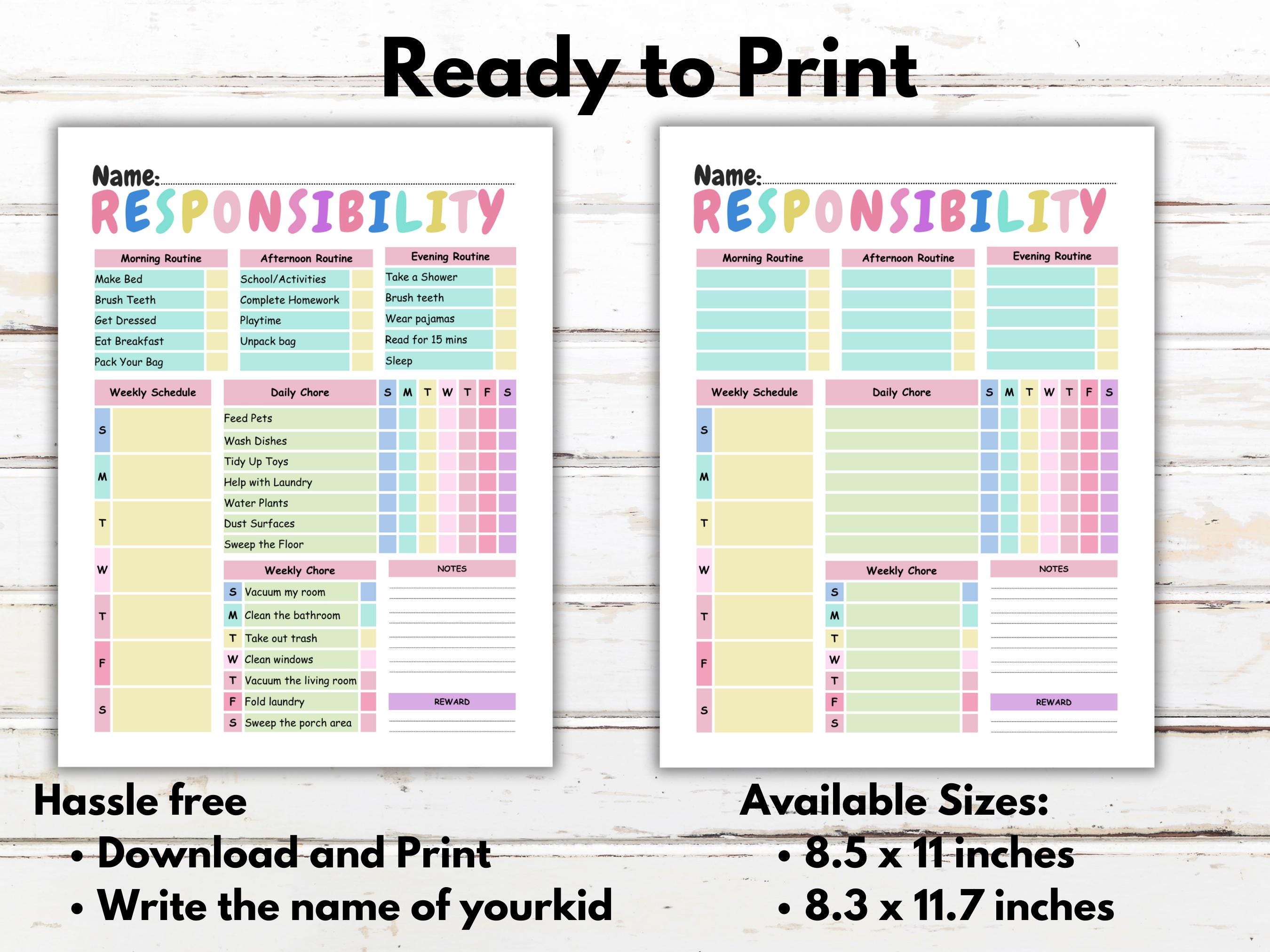 Editable Kids Responsibility Chart Kids Daily Weekly Chore Chart, Kids ...