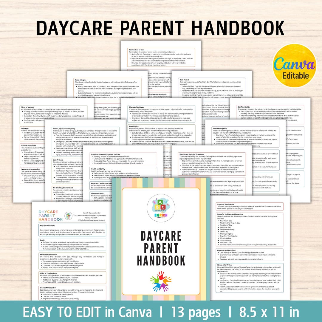 Editable Daycare Parent Handbook Template, Childcare Policies ...