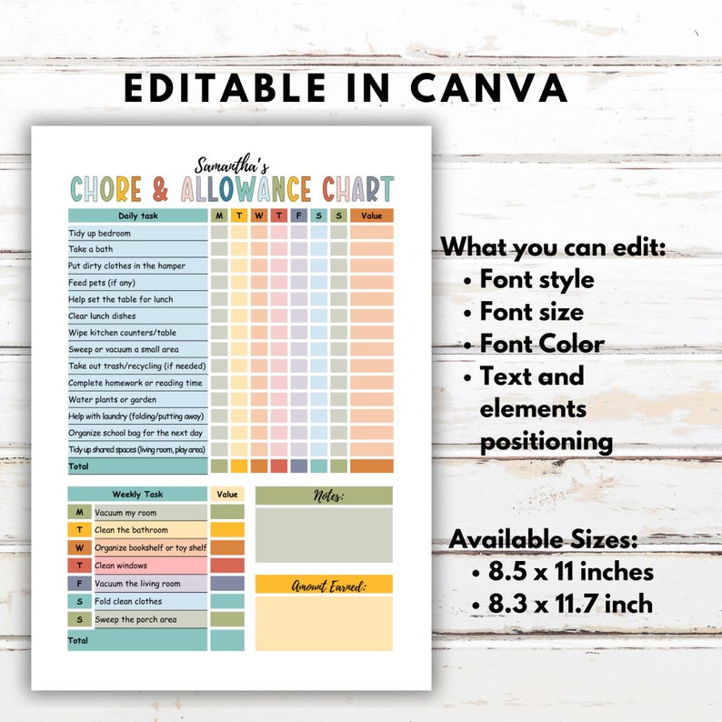 Editable Kids Allowance Chart, Kids Allowance Tracker, Kids Chore ...