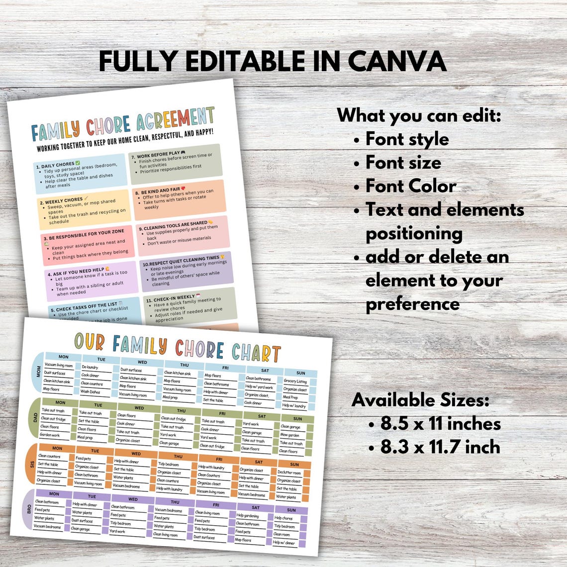 Editable Family Chore Chart Bundle, Family Chore Agreement, Family ...