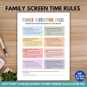 Editable Family Screen Time Rules, Tech and Device Rules for Kids ...