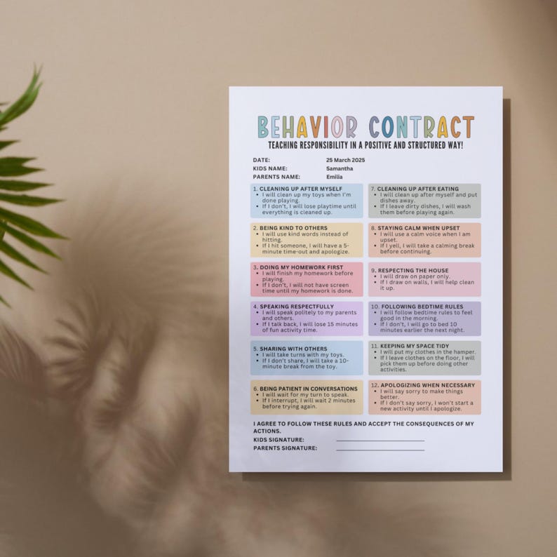 Behavior Contract for Kids, Kids Behavior Agreement, Kids Consequence ...
