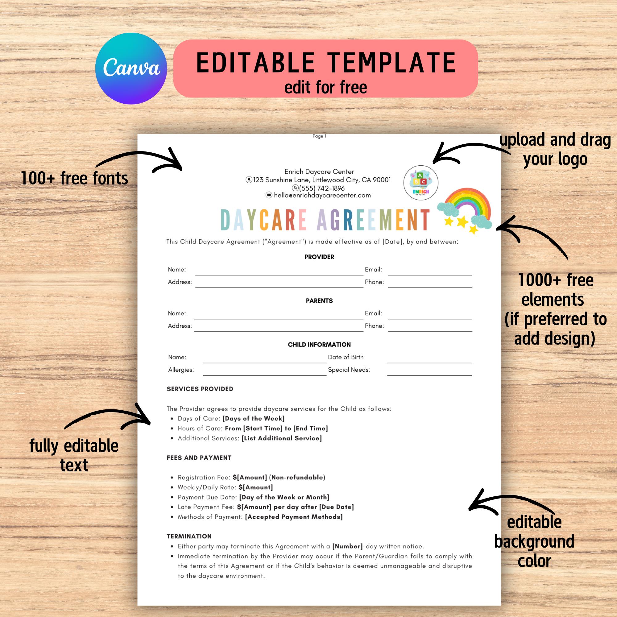 Editable Home Daycare Contract, Daycare Agreement, Childcare Business ...