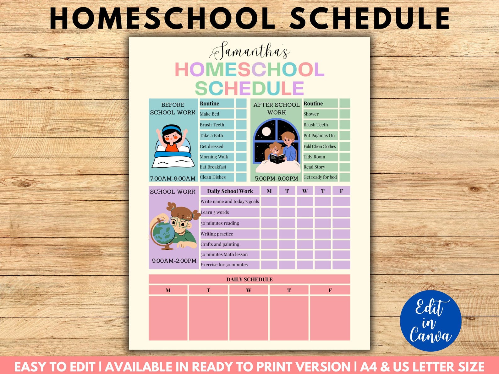 Kids Homeschool Schedule Checklist Editable Template, Kids Daily Weekly ...