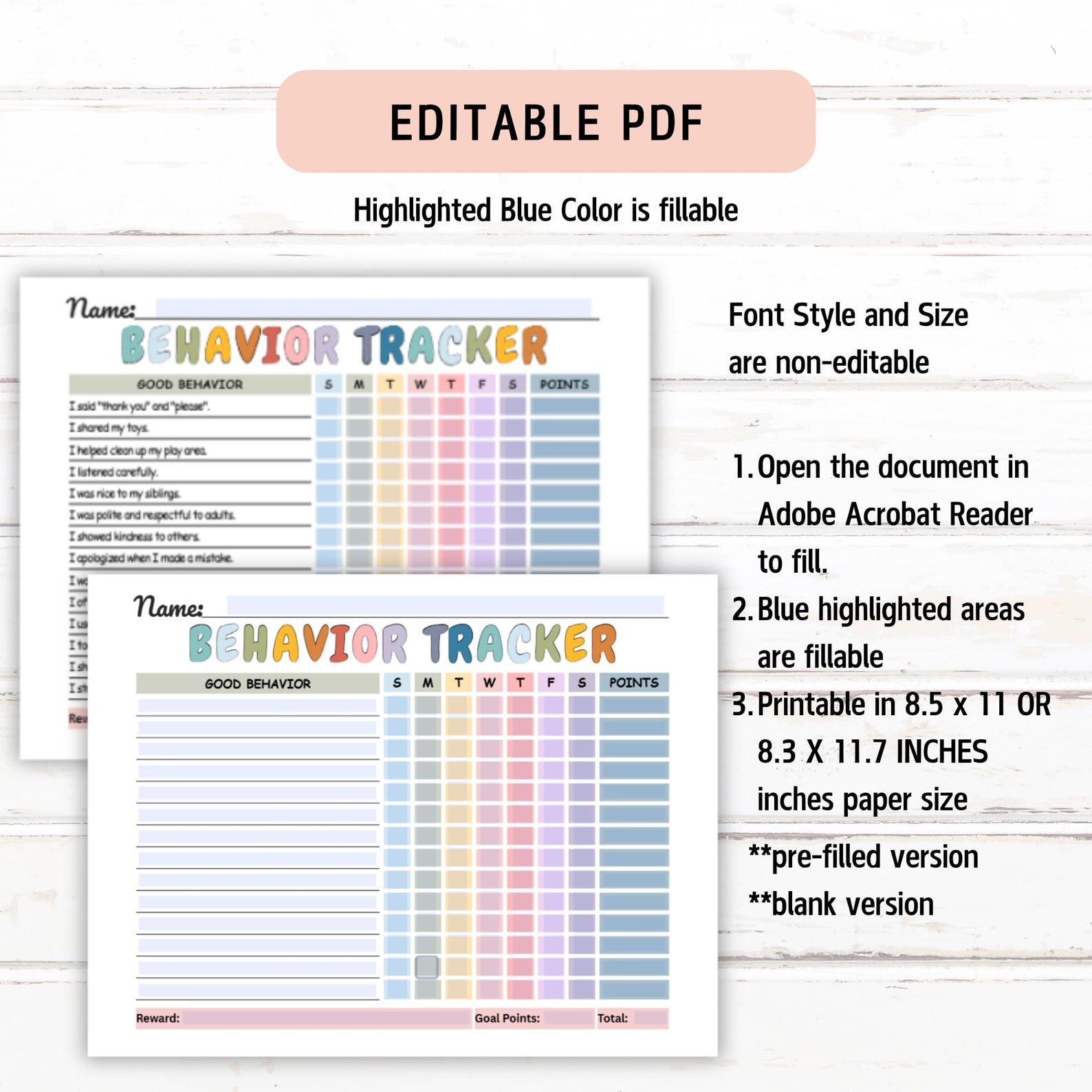 Editable Kids Behavior Tracker, Behavior Chart, Positive Reward Tracker ...