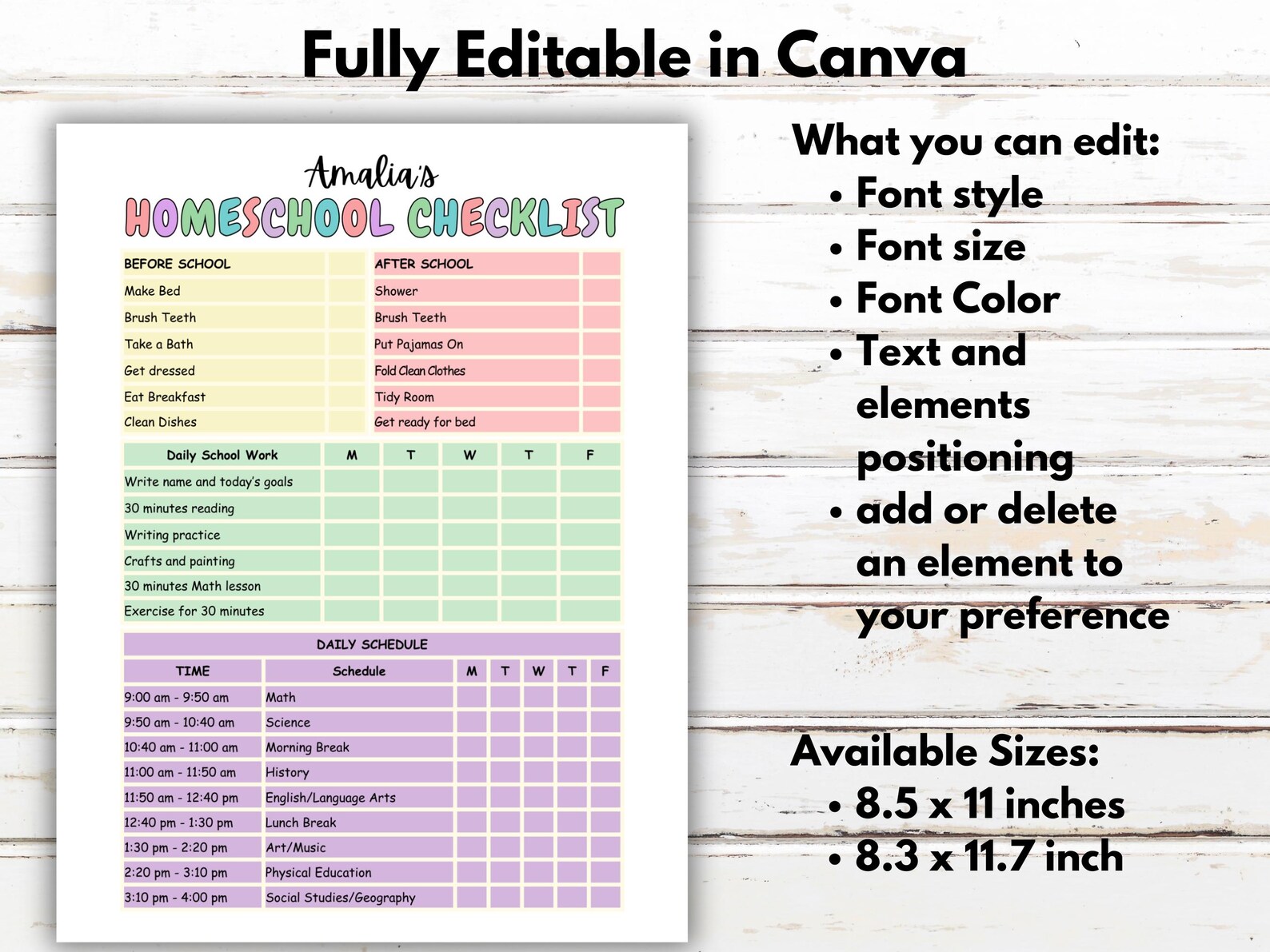 Editable Homeschool Planner, Kids Homeschool Schedule Checklist, Kids ...