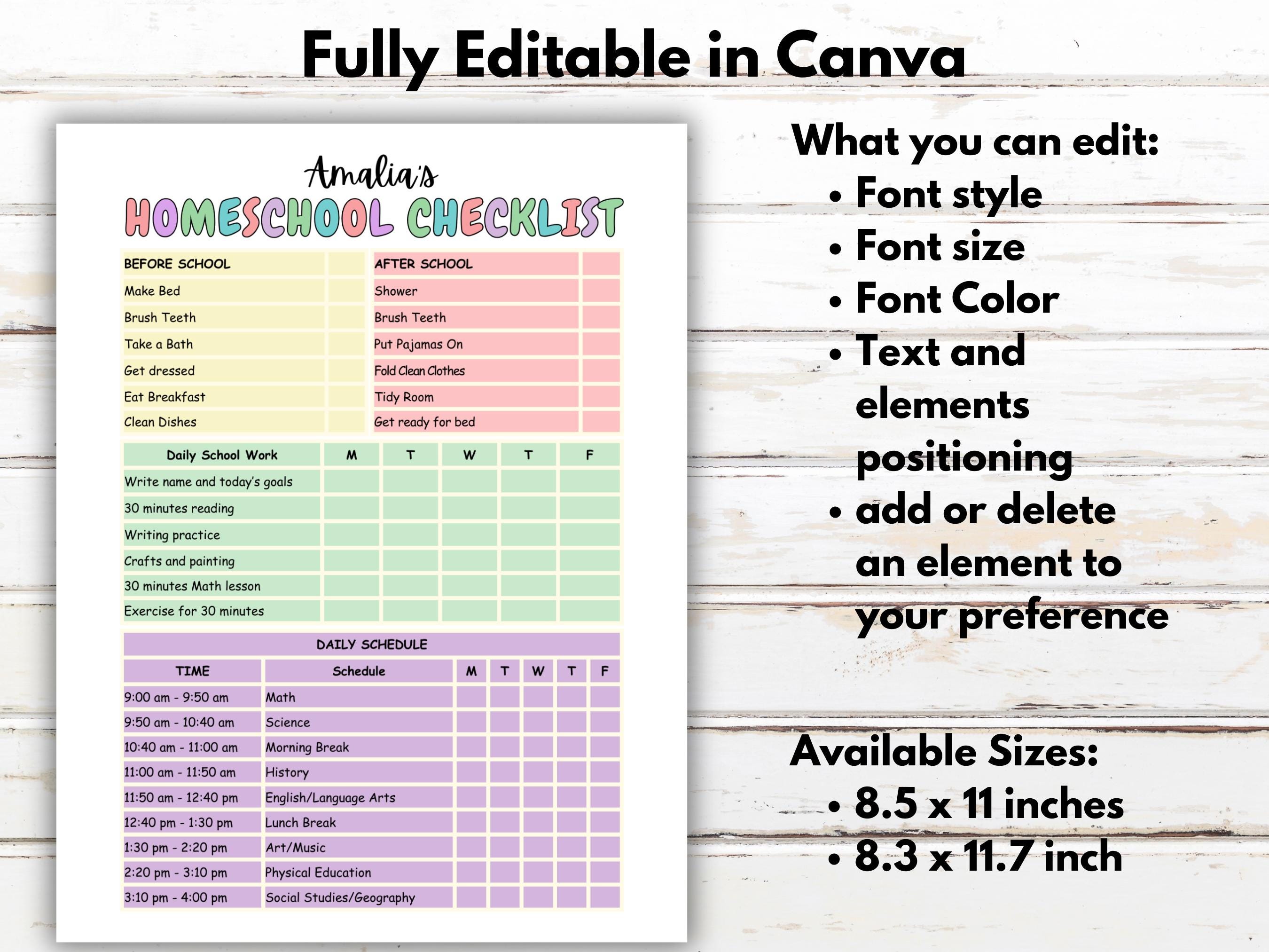 Editable Homeschool Planner, Kids Homeschool Schedule Checklist, Kids ...