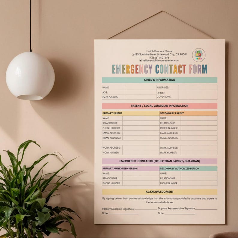 Editable Emergency Contact Form for Daycare, Emergency Information ...