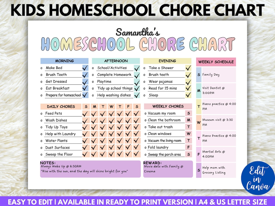 Editable Kids Homeschool Chore Chart, Daily Planner, Canva Template - Etsy