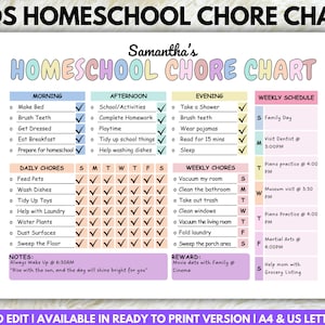 Editable Kids Homeschool Chore Chart, Daily Planner, Canva Template - Etsy