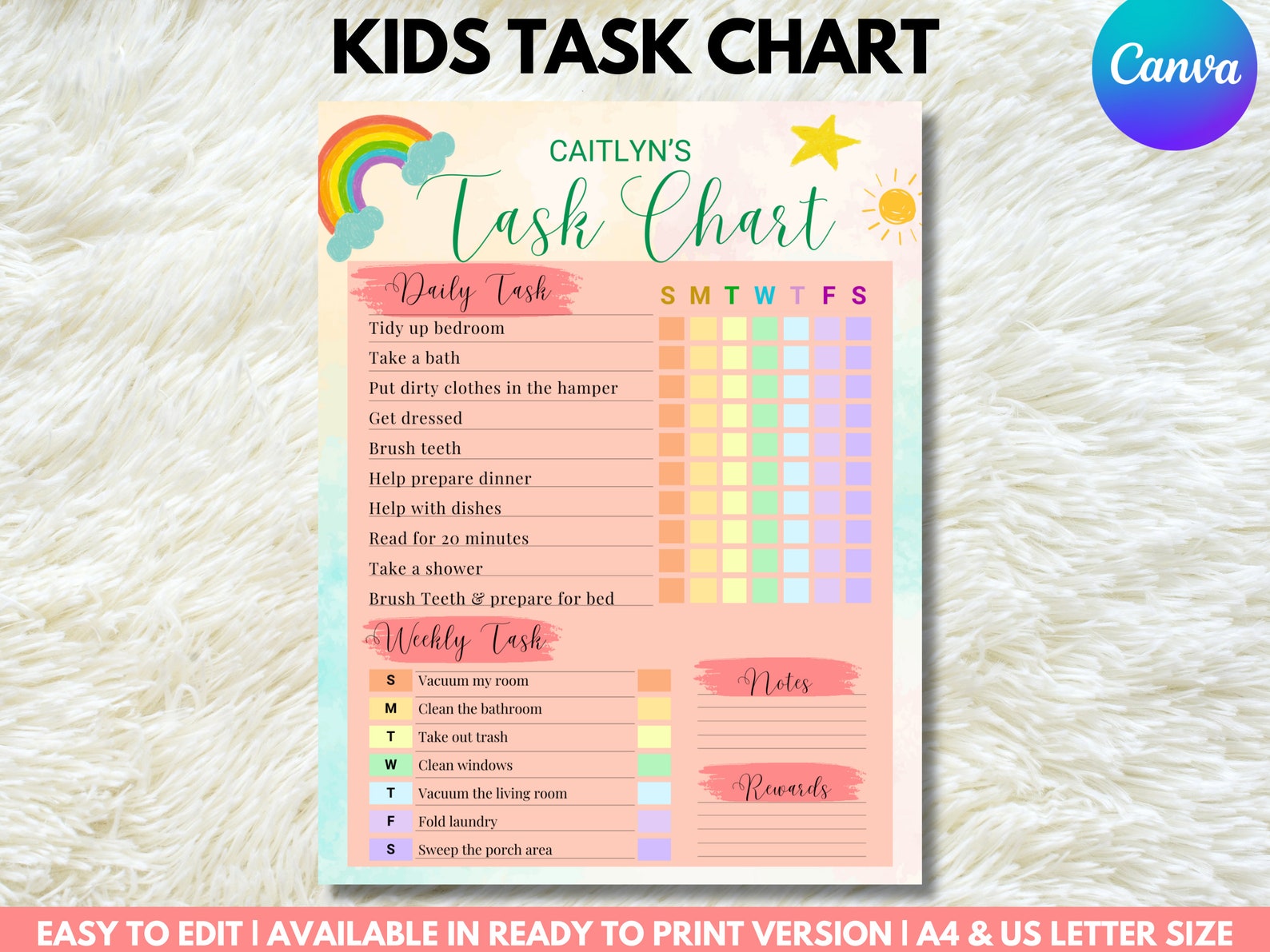 Editable Chore Chart Kids Task Chart, Kids Daily Weekly Routine ...