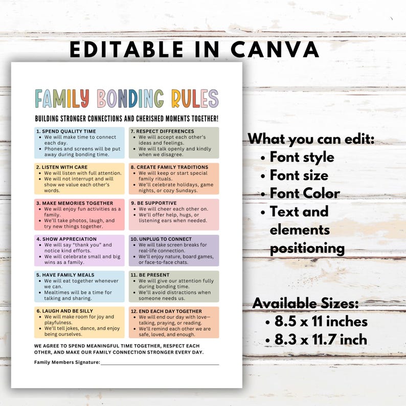Editable Family Bonding Agreement, Family House Rules Chart, Family ...