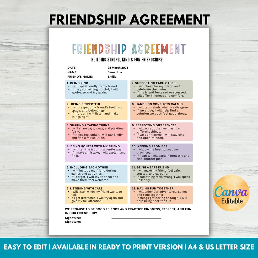 Editable Kids Friendship Promise, Friendship Agreement, Kids BFF ...