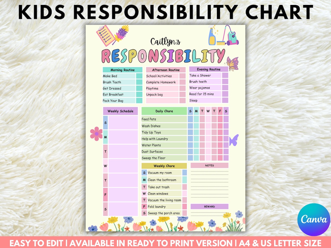 Kids Responsibility Chart Editable Kids Responsibility Chart, Kids ...