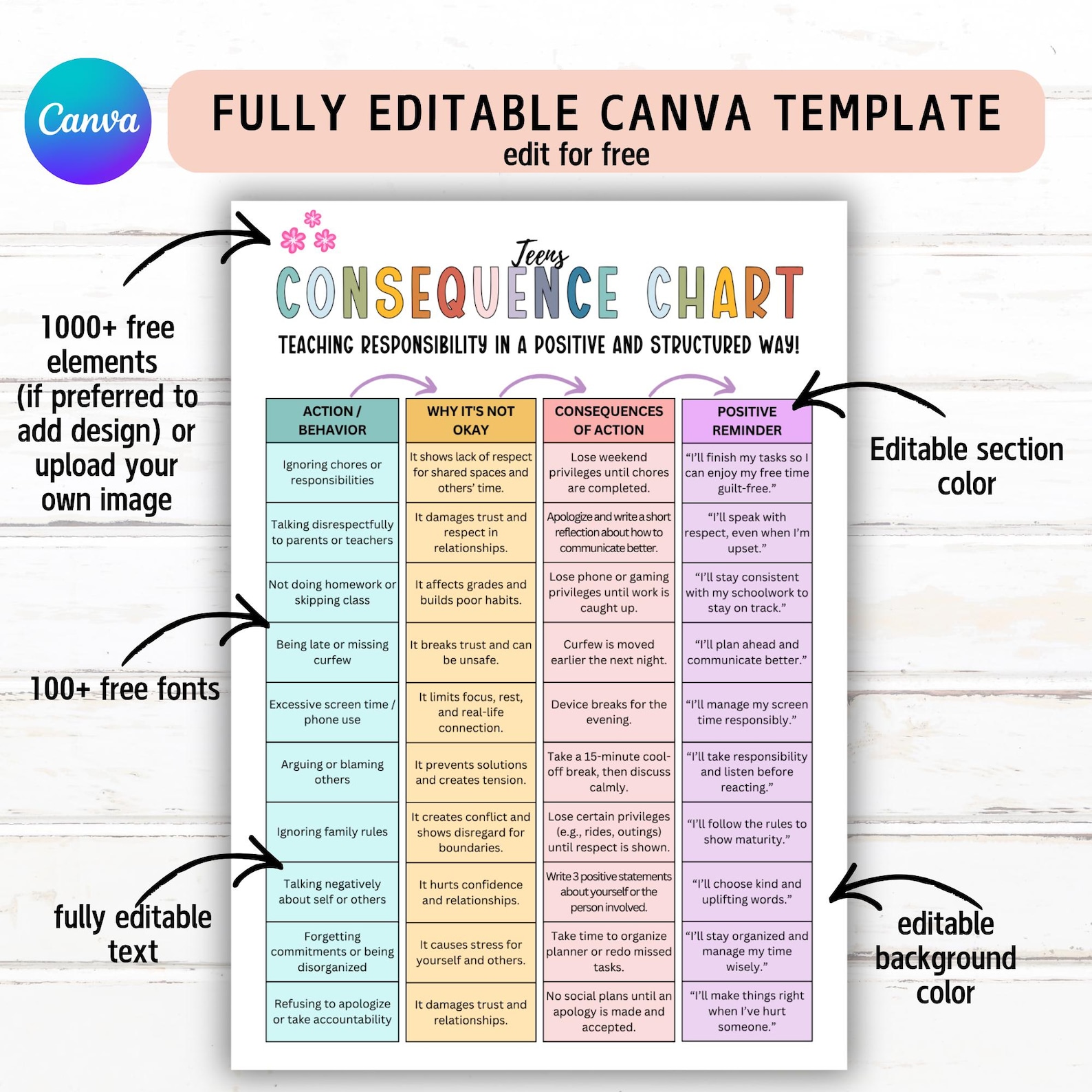 Editable Teens Behavior Consequence Chart, Action Consequence, Teen ...